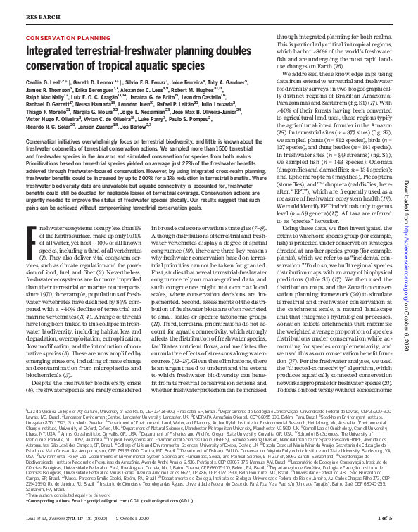 Pdf Integrated Terrestrial Freshwater Planning Doubles Conservation