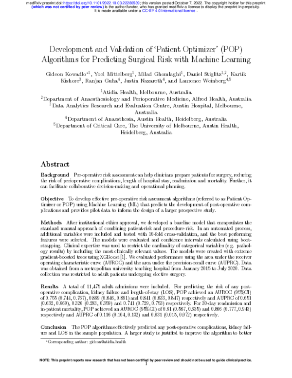 (PDF) Development and Validation of ‘Patient Optimizer’ (POP) Algorithms for Predicting Surgical ...