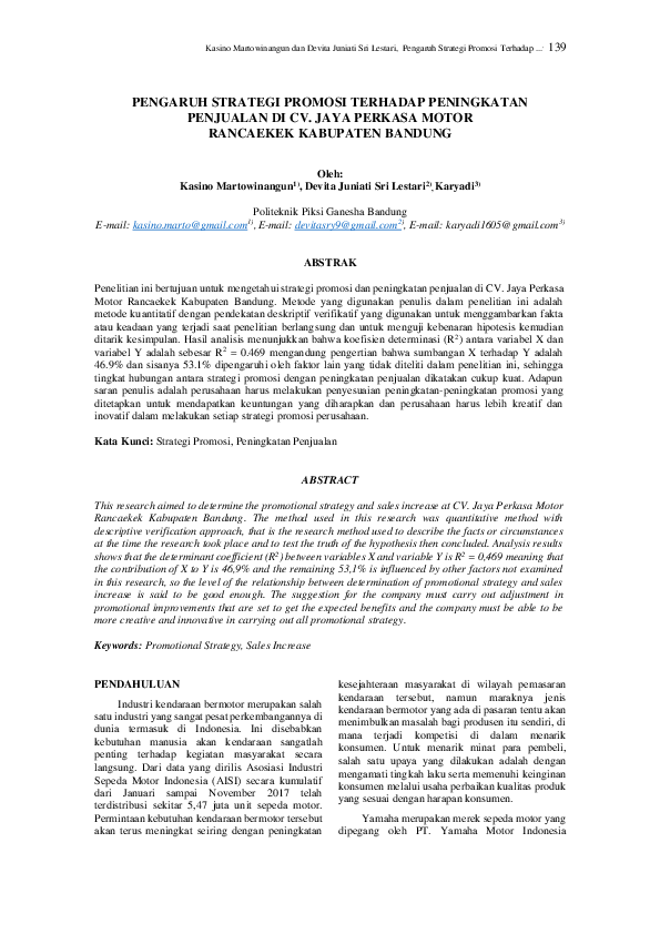 (PDF) Pengaruh Strategi Promosi Terhadap Peningkatan Penjualan DI CV. Jaya Perkasa Motor ...