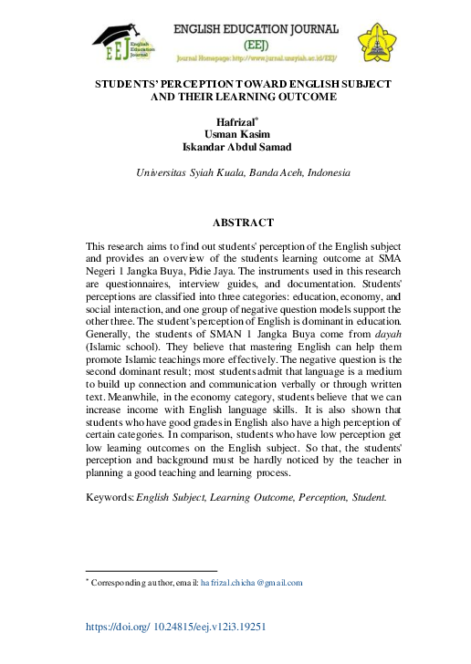 (PDF) Students’ perception toward English subject and their learning ...
