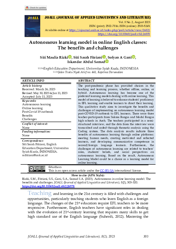 (PDF) Autonomous learning model in online English classes: The benefits and challenges