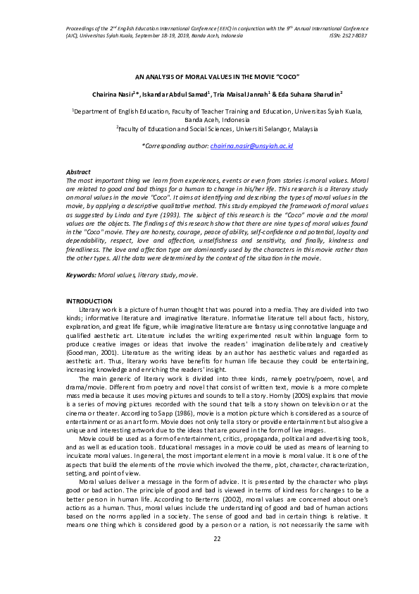 (PDF) An Analysis of Moral Values in the Movie “Coco”