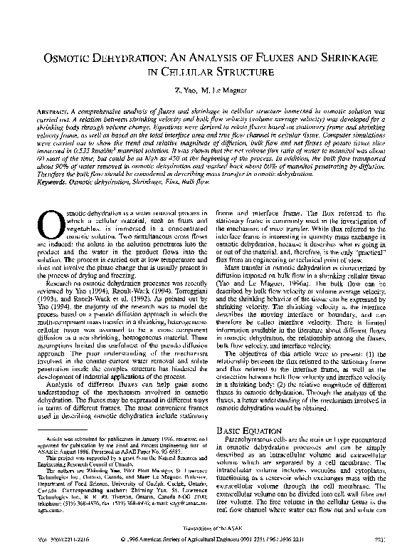 (PDF) Osmotic Dehydration: An Analysis of Fluxes and Shrinkage in Cellular Structure