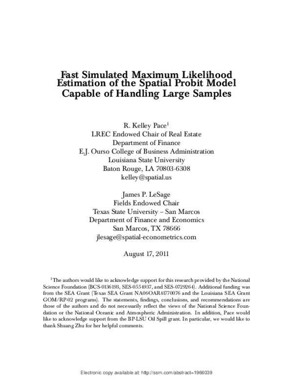 (PDF) Fast Simulated Maximum Likelihood Estimation of the Spatial Probit Model Capable of ...