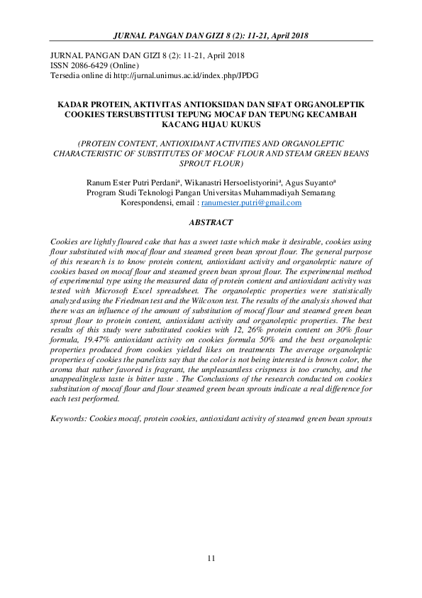 (PDF) Kadar Protein, Aktivitas Antioksidan Dan Sifat Organoleptik Cookies Tersubstitusi Tepung ...