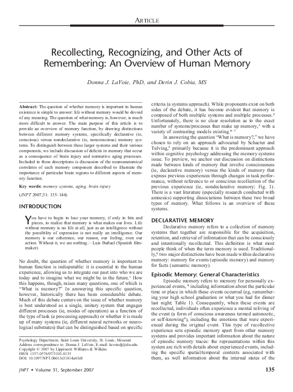 (PDF) Recollecting, Recognizing, and Other Acts of Remembering: An ...