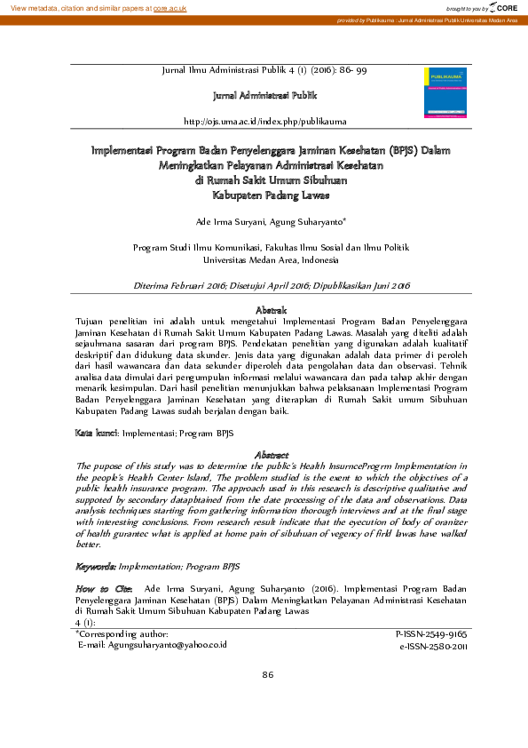 (PDF) Implementasi Program Badan Penyelenggara Jaminan Kesehatan (BPJS) Dalam Meningkatkan ...