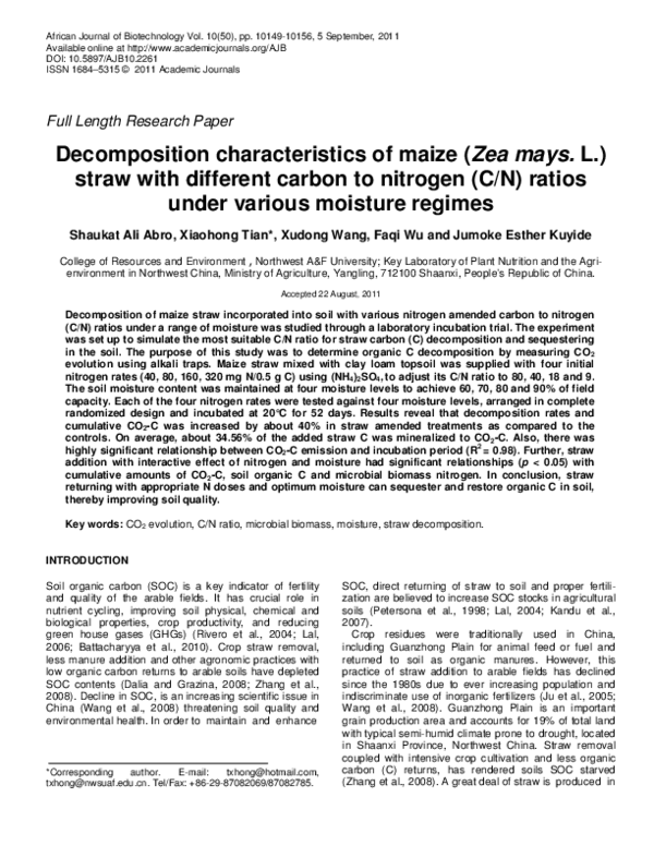 (PDF) Decomposition characteristics of maize (Zea mays. L.) straw with different carbon to ...