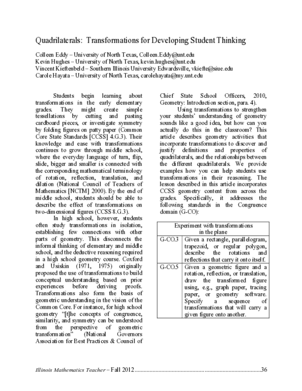 (PDF) Quadrilaterals: Transformations for Developing Student Thinking
