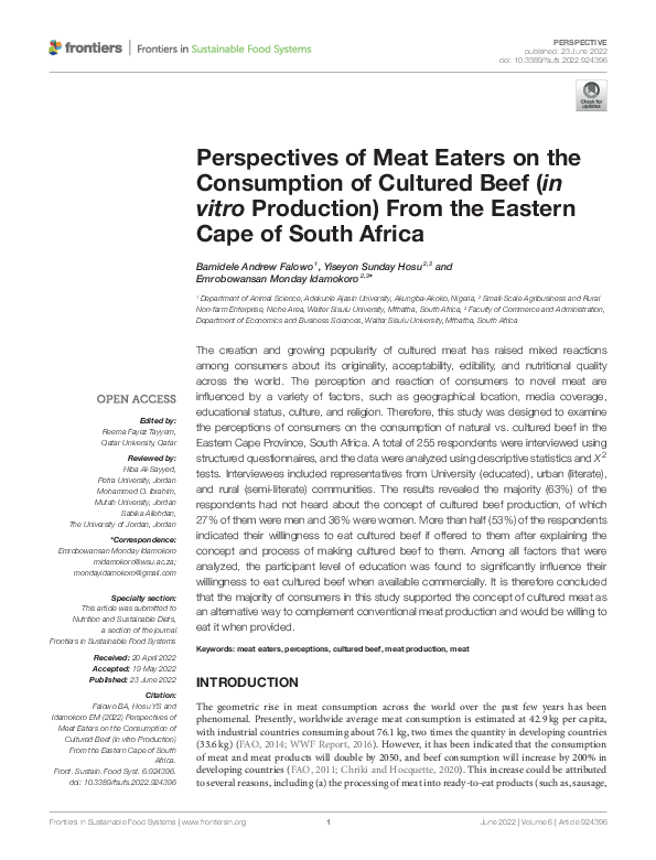 (PDF) Perspectives of Meat Eaters on the Consumption of Cultured Beef ...