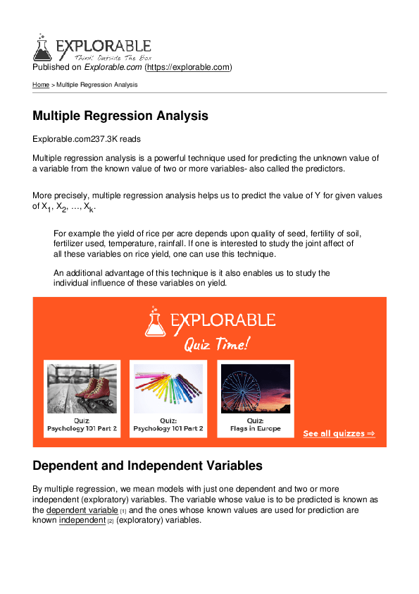 Pdf Multiple Regression Analysis