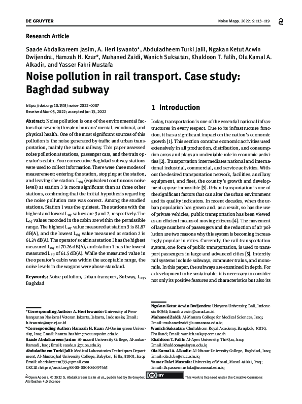 (PDF) Noise pollution in rail transport. Case study: Baghdad subway ...