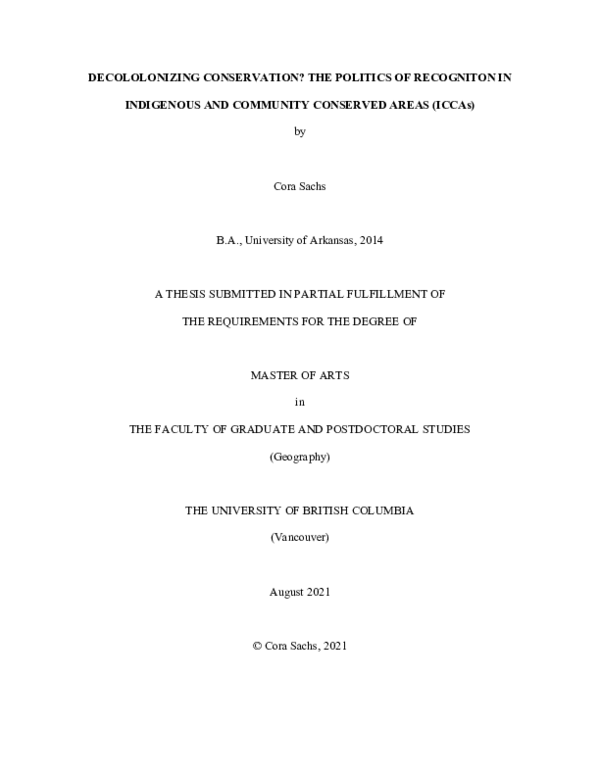 (PDF) Decolonizing conservation? The politics of recognition in Indigenous and Community ...