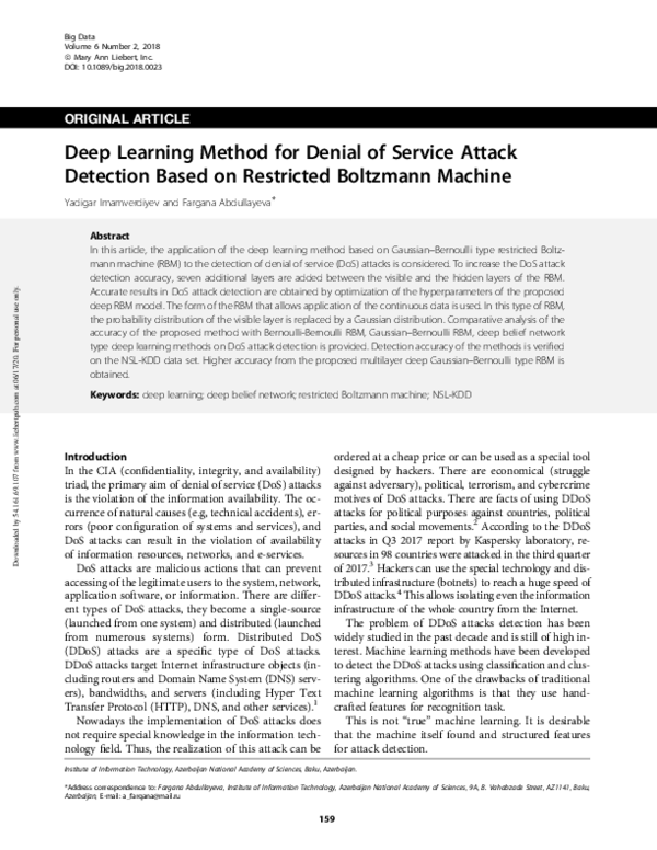Pdf Deep Learning Method For Denial Of Service Attack Detection Based On Restricted Boltzmann