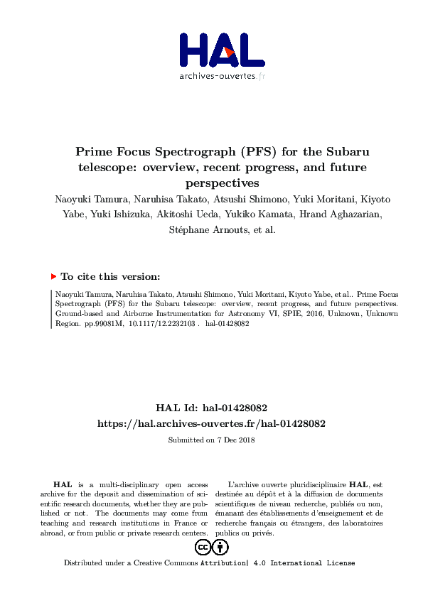 (PDF) Prime Focus Spectrograph (PFS) for the Subaru telescope: overview ...