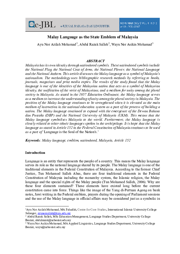 (PDF) Malay Language as the State Emblem of Malaysia
