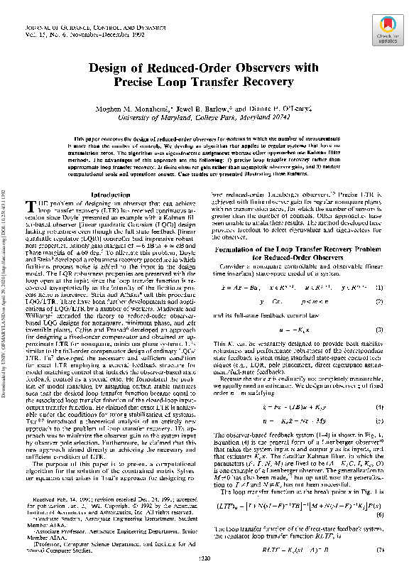 (PDF) Design of reduced-order observers with precise loop transfer recovery