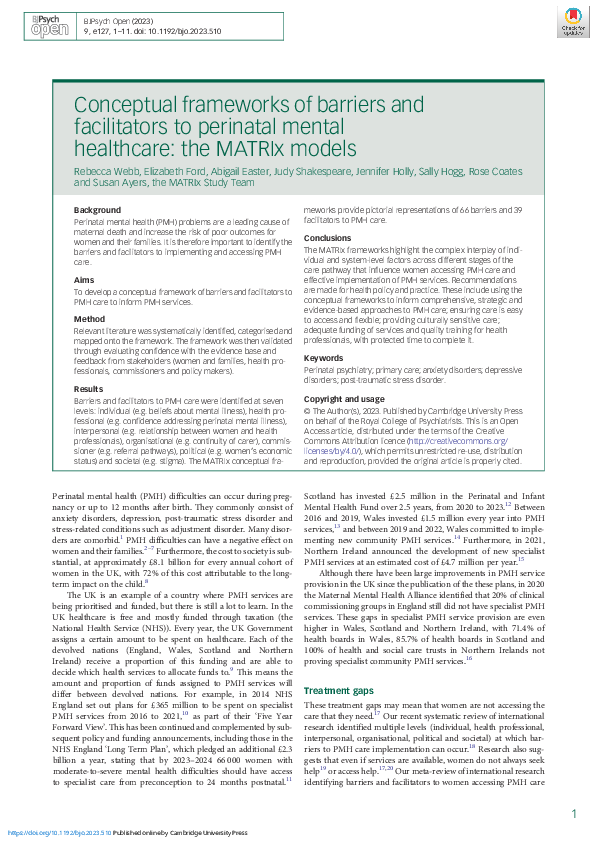 (PDF) Conceptual frameworks of barriers and facilitators to perinatal ...