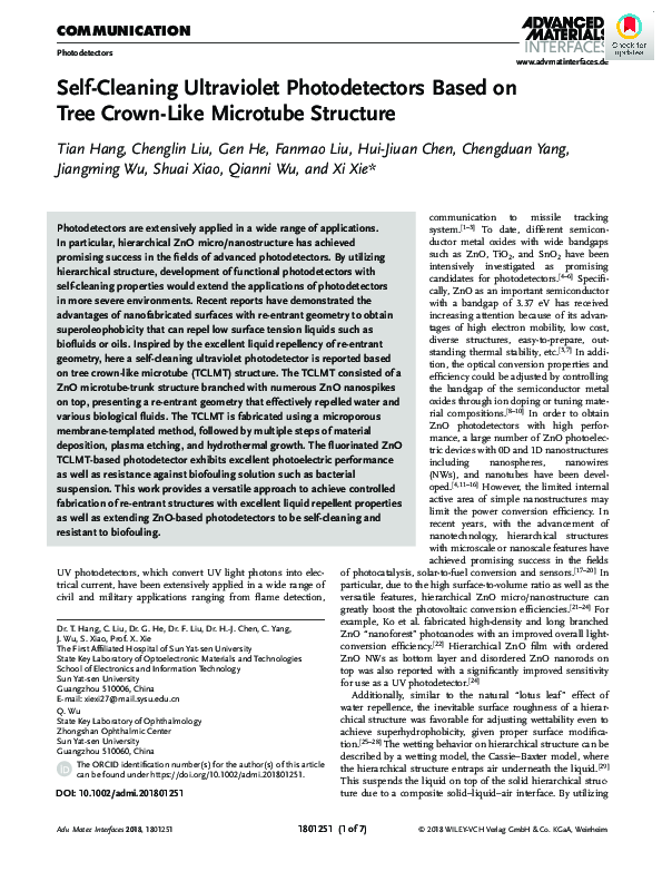 (PDF) Self‐Cleaning Ultraviolet Photodetectors Based on Tree Crown‐Like Microtube Structure