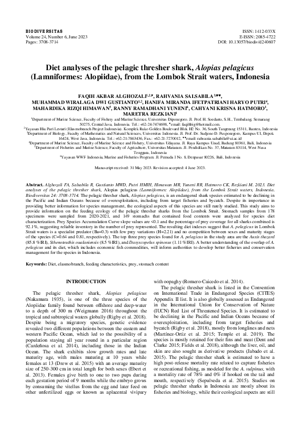 (PDF) Diet analyses of the pelagic thresher shark, Alopias pelagicus ...