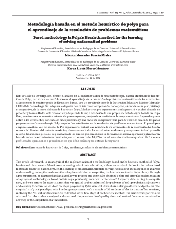 Pdf Metodología Basada En El Método Heurístico De Polya Para El 7256