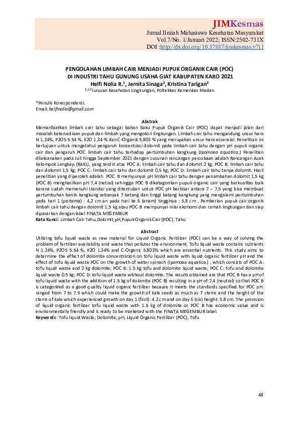 (PDF) Pengolahan Limbah Cair Menjadi Pupuk Organik Cair (Poc) DI Industri Tahu Gunung Usaha Giat ...