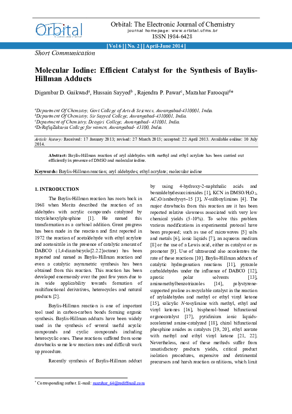 (PDF) Molecular Iodine: Efficient Catalyst for the Synthesis of Baylis ...