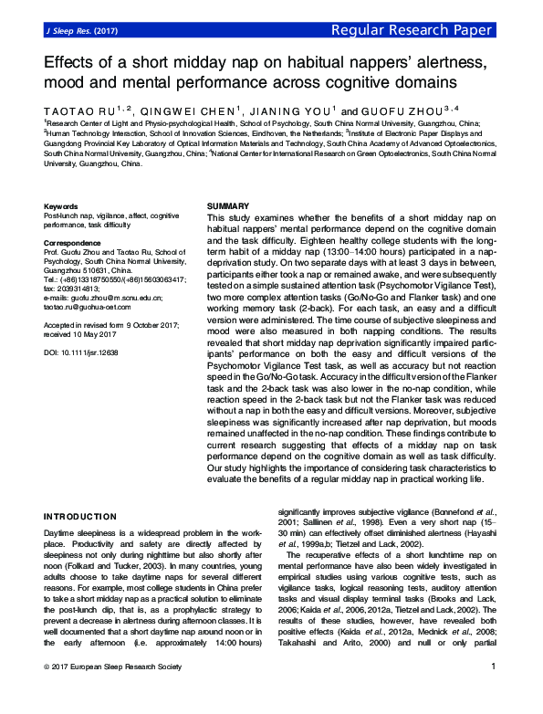 (PDF) Effects of a short midday nap on habitual nappers’ alertness ...