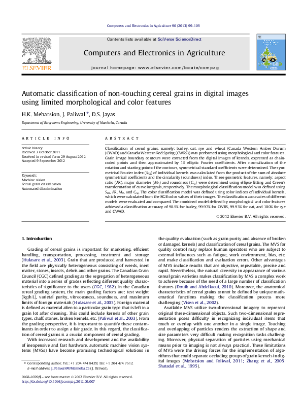 (PDF) Automatic classification of non-touching cereal grains in digital images using limited ...