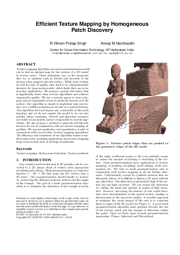 (PDF) Efficient texture mapping by homogeneous patch discovery | Anoop Namboodiri - Academia.edu