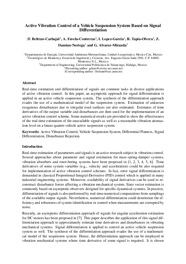 (PDF) Active Vibration Control of a Vehicle Suspension System Based on Signal Differentiation