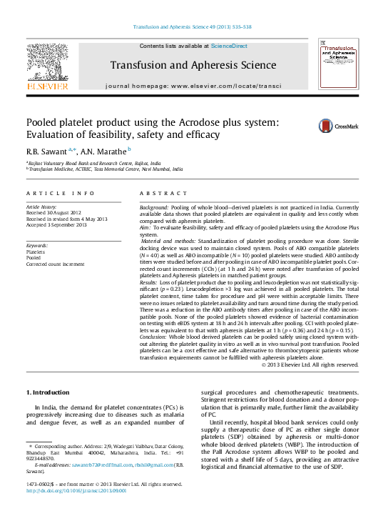 (PDF) Pooled platelet product using the Acrodose plus system ...