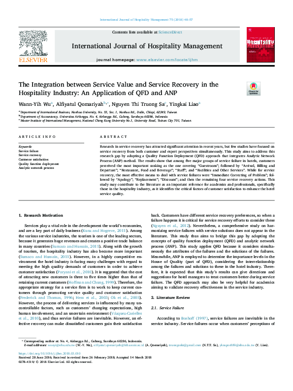 (PDF) The Integration between Service Value and Service Recovery in the ...