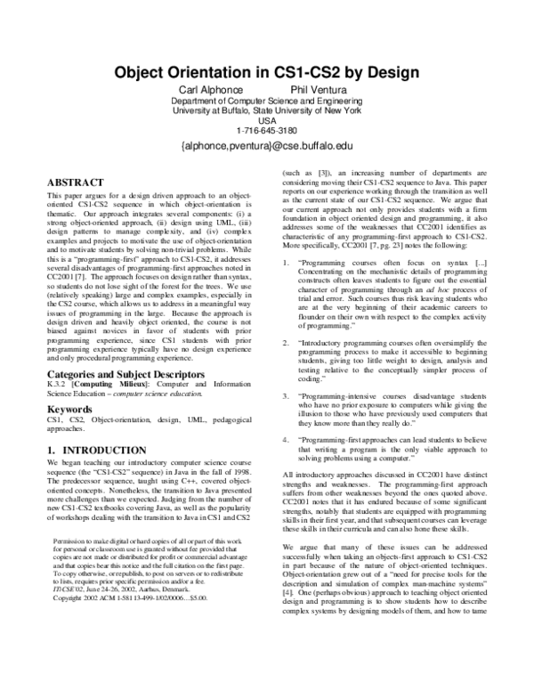 (PDF) Object orientation in CS1-CS2 by design