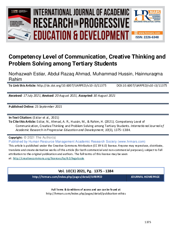 (PDF) Competency Level of Communication, Creative Thinking and Problem Solving among Tertiary ...