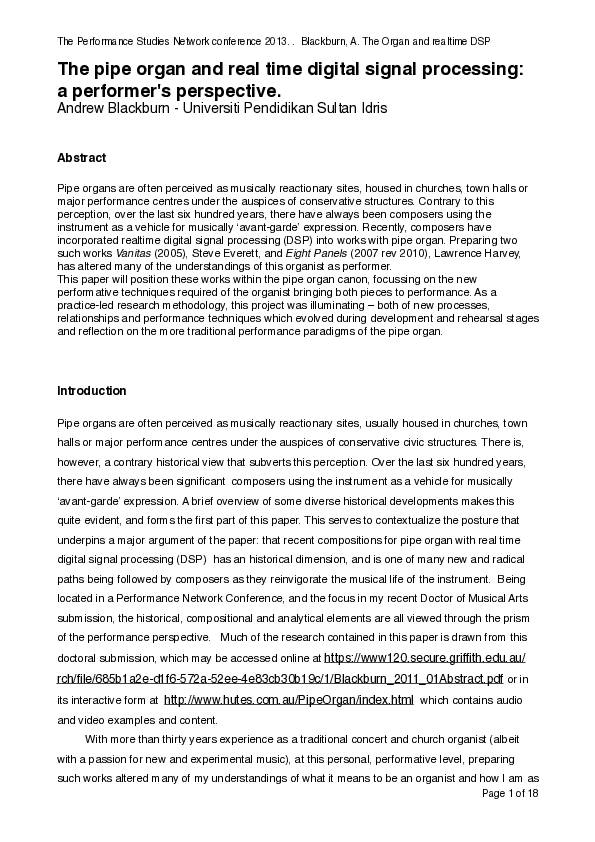 (PDF) The Pipe Organ and Real-Time Digital Signal Processing (DSP): A Performer's Perspective