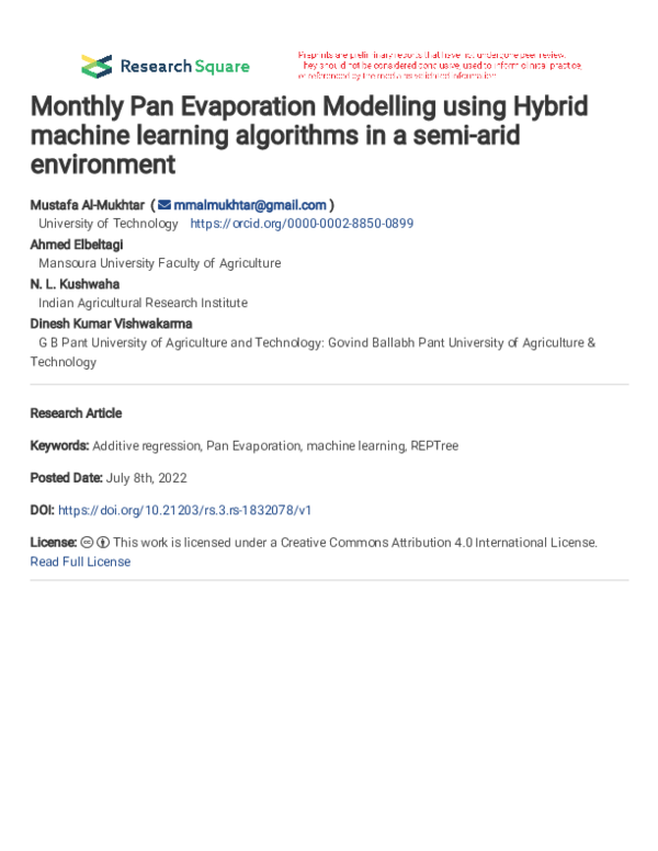 Pdf Monthly Pan Evaporation Modelling Using Hybrid Machine Learning Algorithms In A Semi Arid