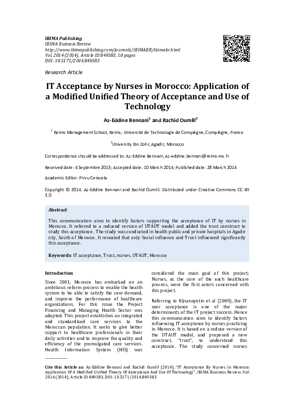 (PDF) IT Acceptance by Nurses in Morocco: Application of a Modified Unified Theory of Acceptance ...