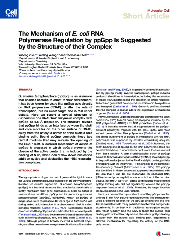 (PDF) The Mechanism of E. coli RNA Polymerase Regulation by ppGpp Is ...