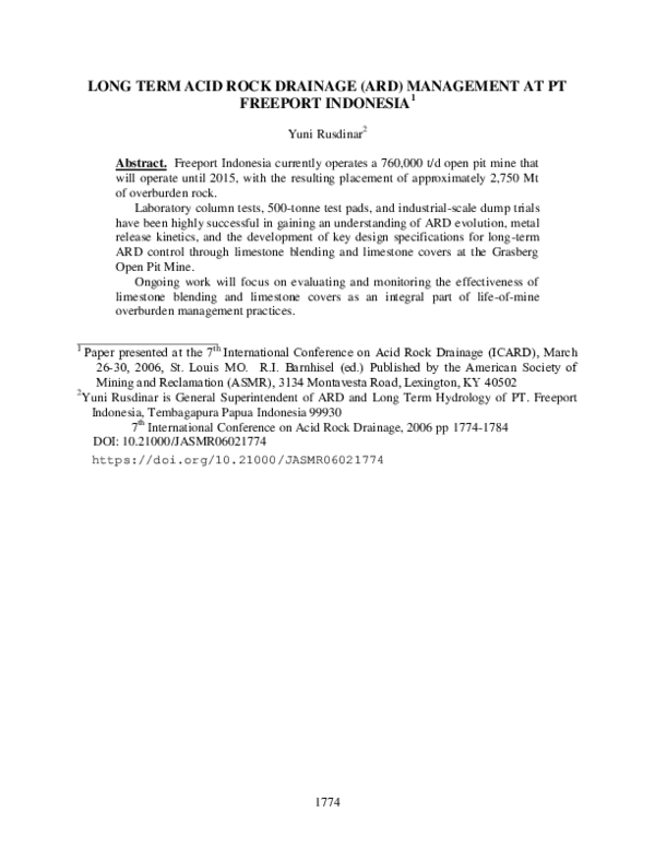 (PDF) Long Term Acid Rock Drainage (Ard) Management at PT Freeport ...