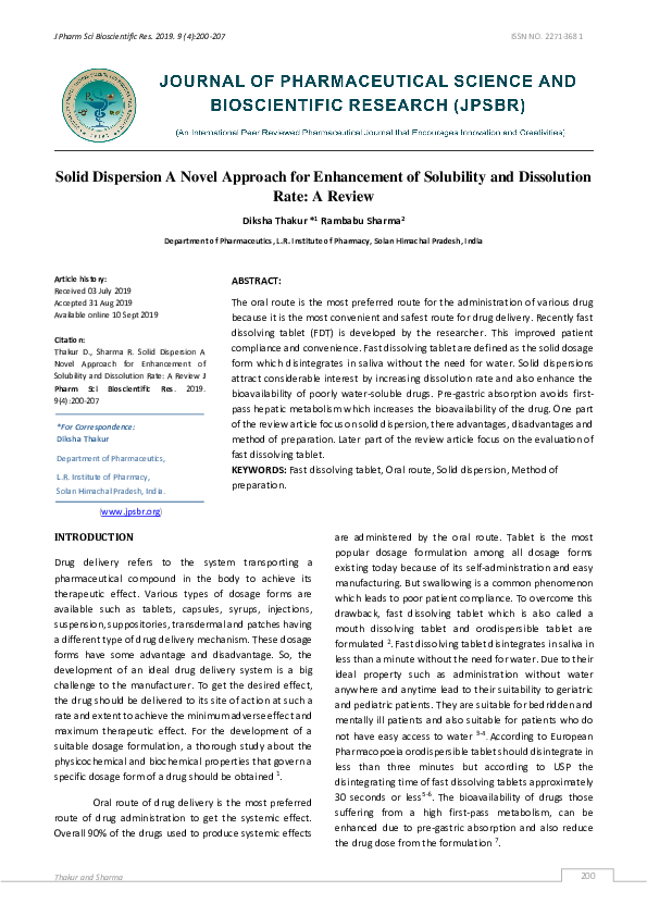 (PDF) Solid dispersion a novel approach for enhancement of solubility ...
