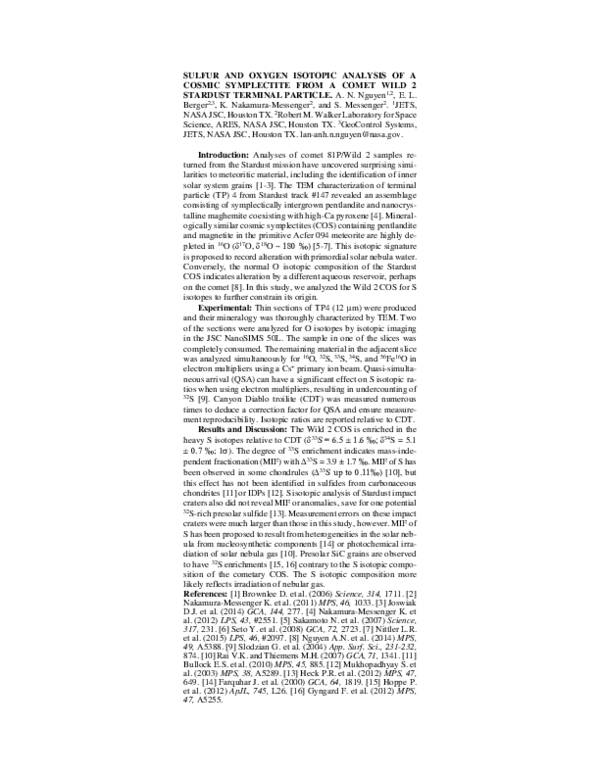 (PDF) Sulfur and Oxygen Isotopic Analysis of a Cosmic Symplectite from a Comet Wild 2 Stardust ...
