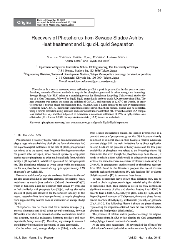 (PDF) Recovery of Phosphorus from Sewage Sludge Ash by Heat treatment ...