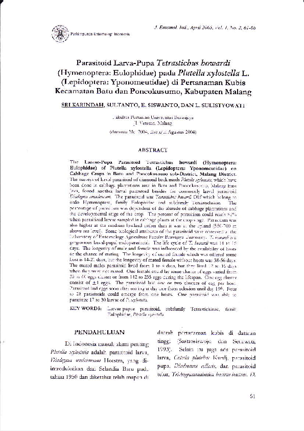 (PDF) Parasitoid larva-pupa Tetrastichus howardi (Hymenoptera ...