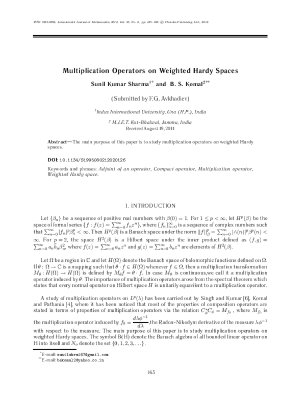 Pdf Multiplication Operators On Weighted Hardy Spaces