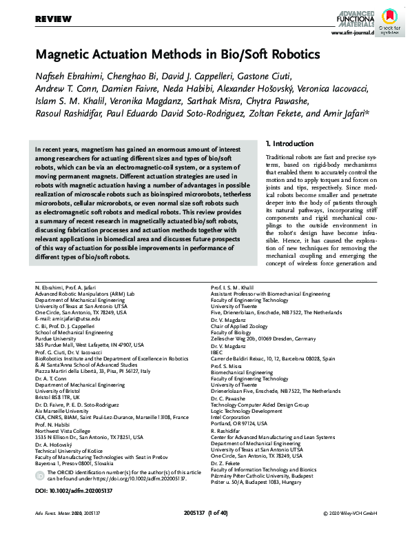(PDF) Magnetic Actuation Methods in Bio/Soft Robotics | Rasoul Rashidifar - Academia.edu