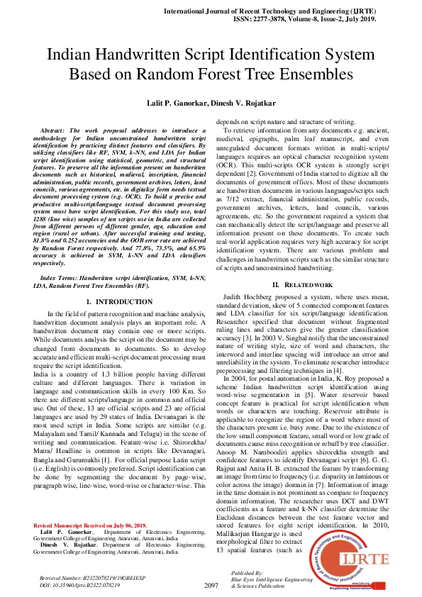 (PDF) Random Forest-Based Identification of Indian Handwritten Scripts