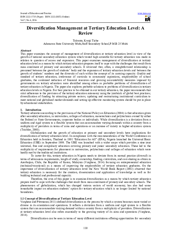 (PDF) Diversification Management at Tertiary Education Level: A Review