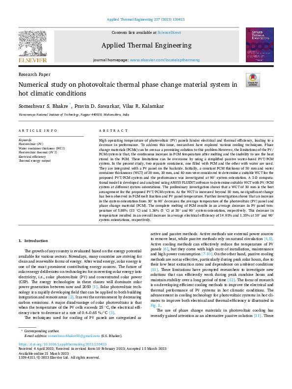 (PDF) Numerical study on photovoltaic thermal phase change material system in hot climatic ...