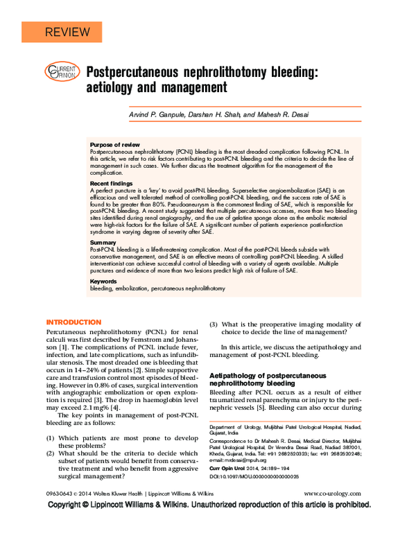 (PDF) Postpercutaneous nephrolithotomy bleeding
